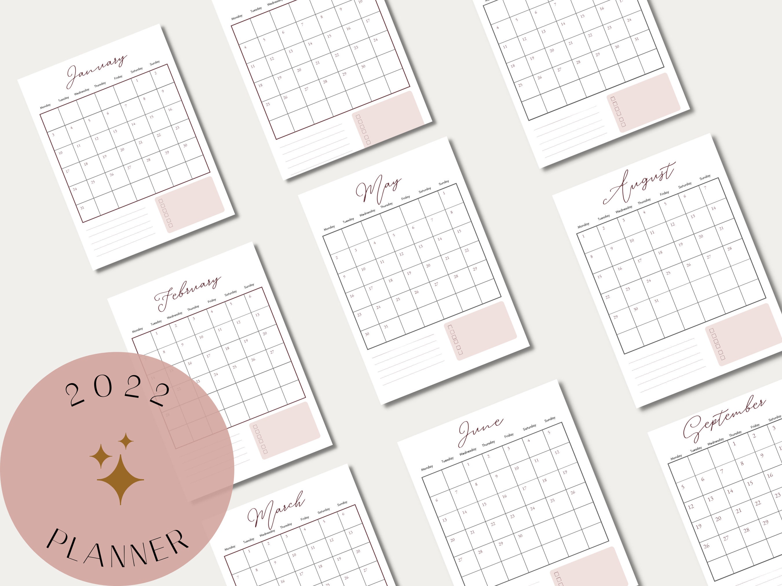 Printable 2022 Planner Monday Start Monthly View Calendar Insert ...