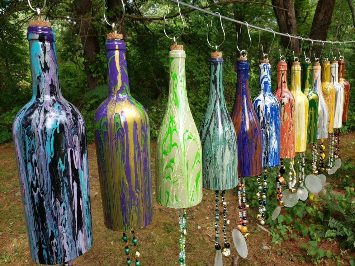 Wine Bottle Wind Chimes for Outdoors Upcycled and Hand Painted - Etsy