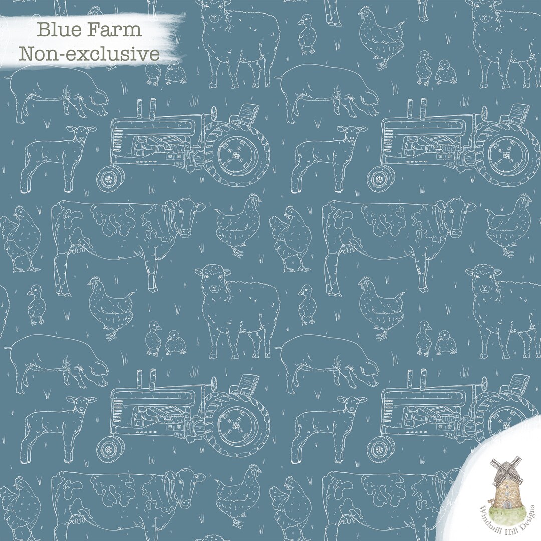 Blue Farm Line Drawing Basic Collection Seamless Digital Design 7inch X ...