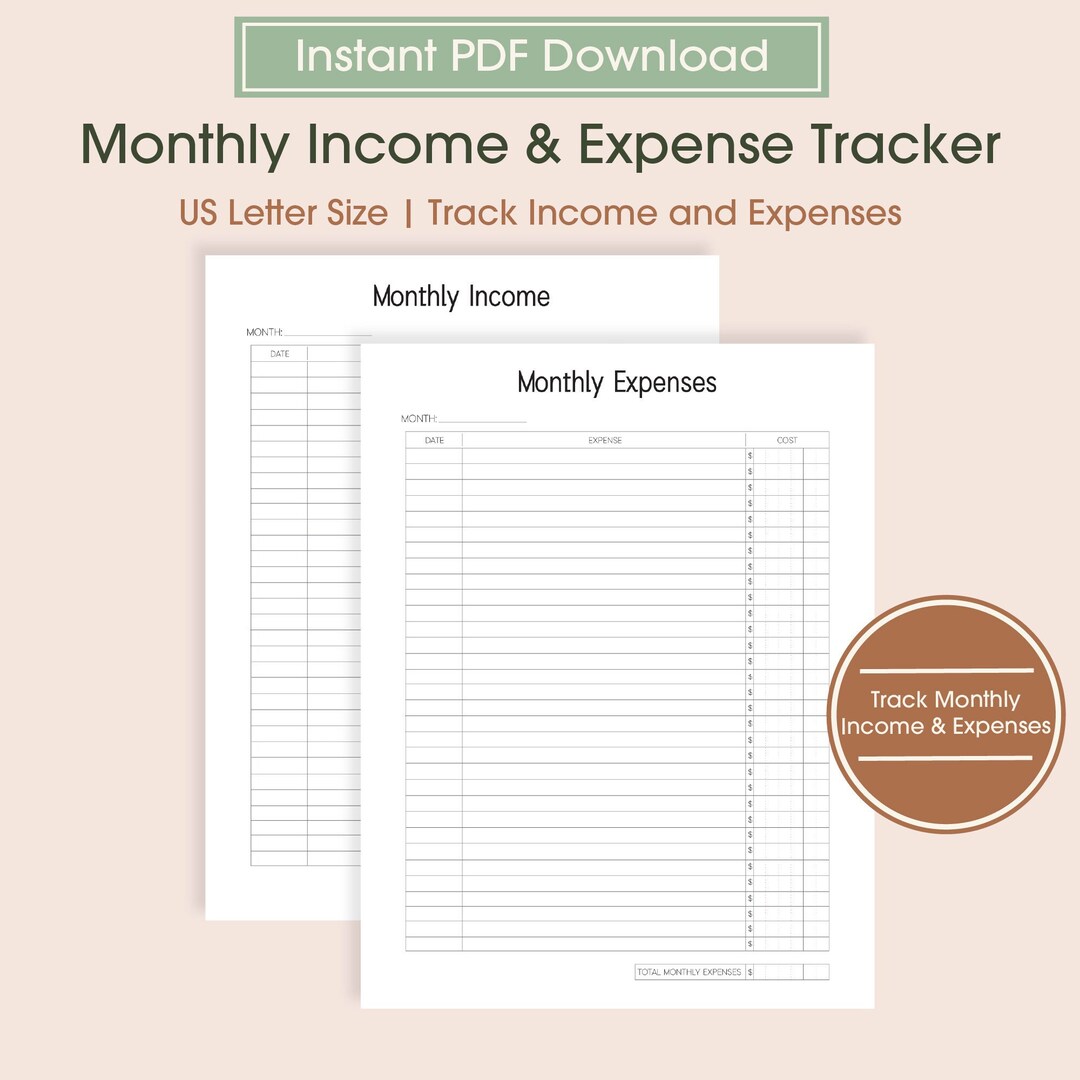 Monthly Income Tracker Monthly Expense Tracker Financial - Etsy