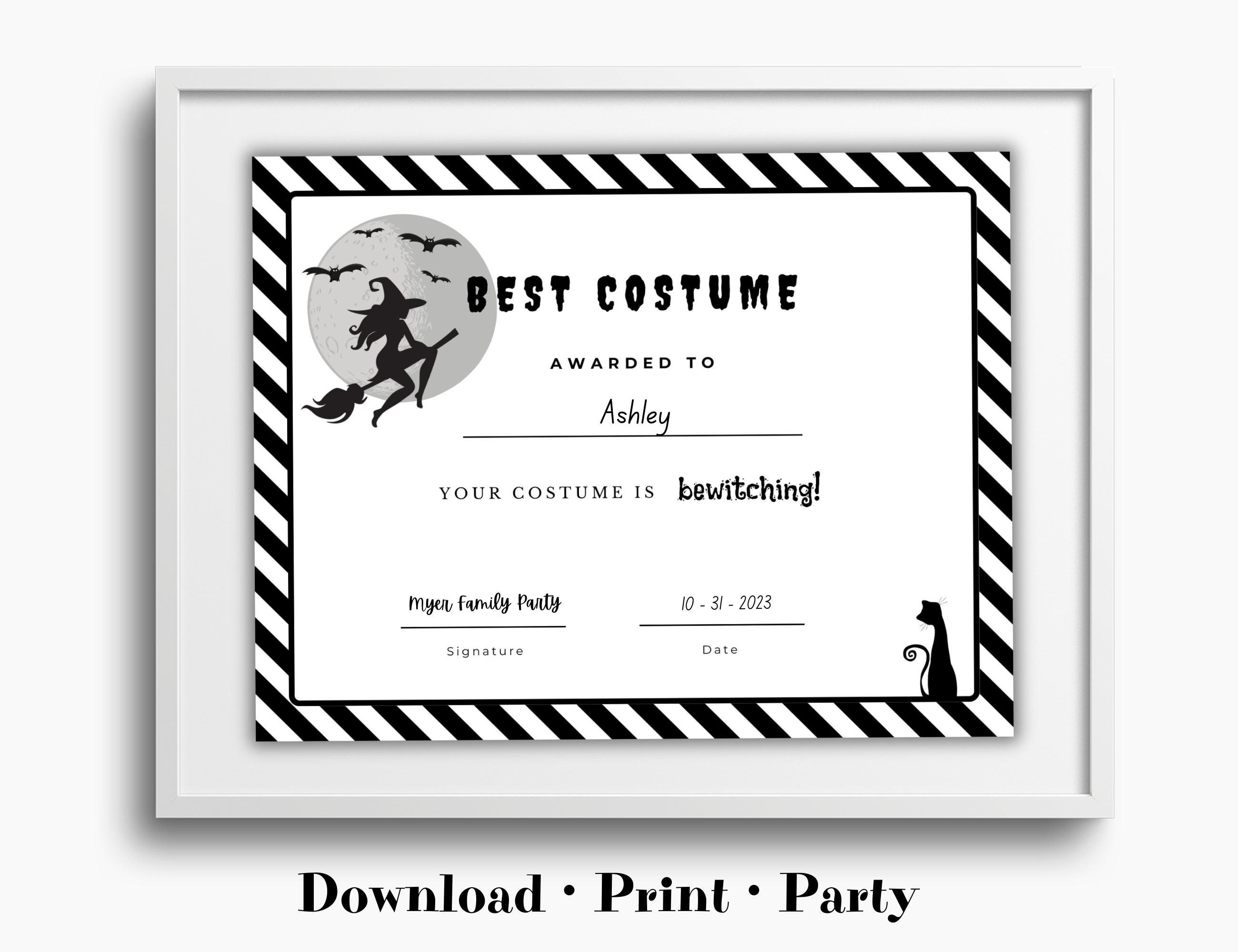 Printable Halloween Costume Award Certificates, Teen & Adult Costume ...