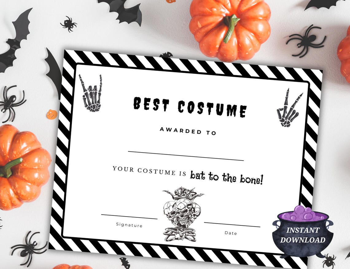 Printable Halloween Costume Award Certificates, Teen & Adult Costume ...