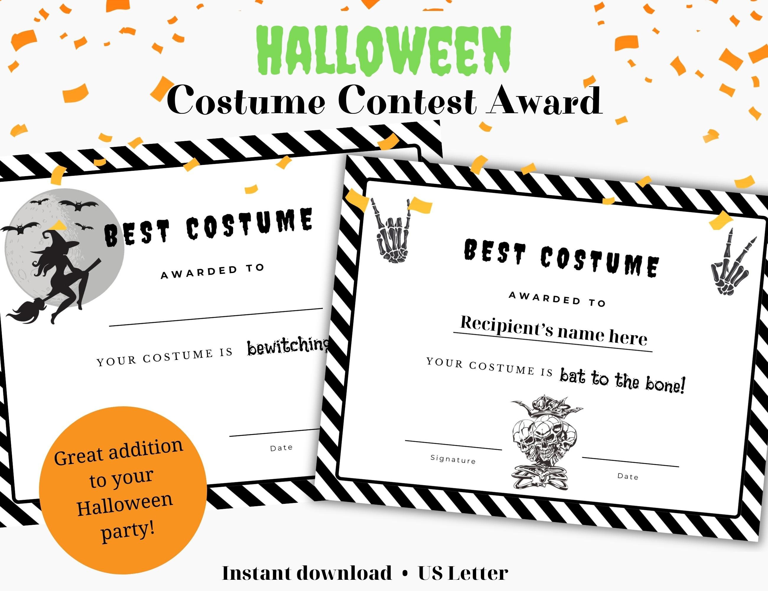 Printable Halloween Costume Award Certificates, Teen & Adult Costume ...