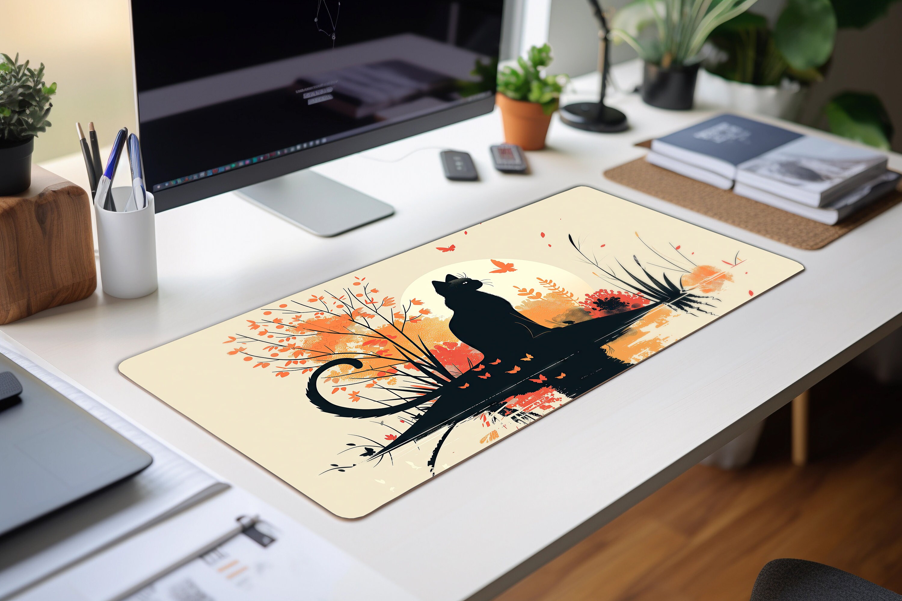 Minimalist Black Cat Desk Mat Cat Silhouette Mouse Pad, Extra Large ...