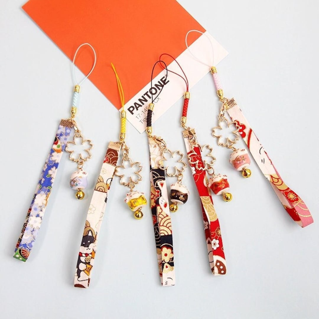 Japanese Maneki Neko Phone Charm: Lucky Cat, Sakura, and Bell - Etsy
