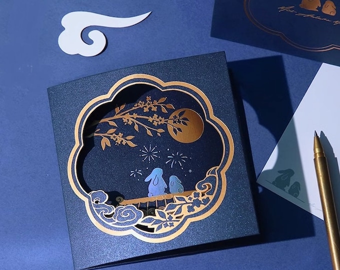 Rabbits Sit on Japanese Roof Under Firework, Full Moon, Pop up Card ...