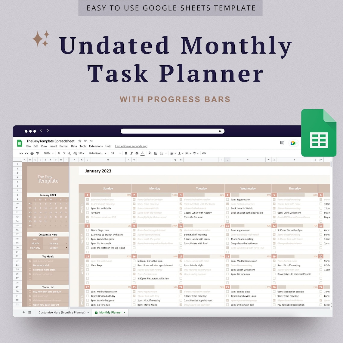 Undated Monthly Calendar Google Sheets, Daily Task Planner Spreadsheet ...