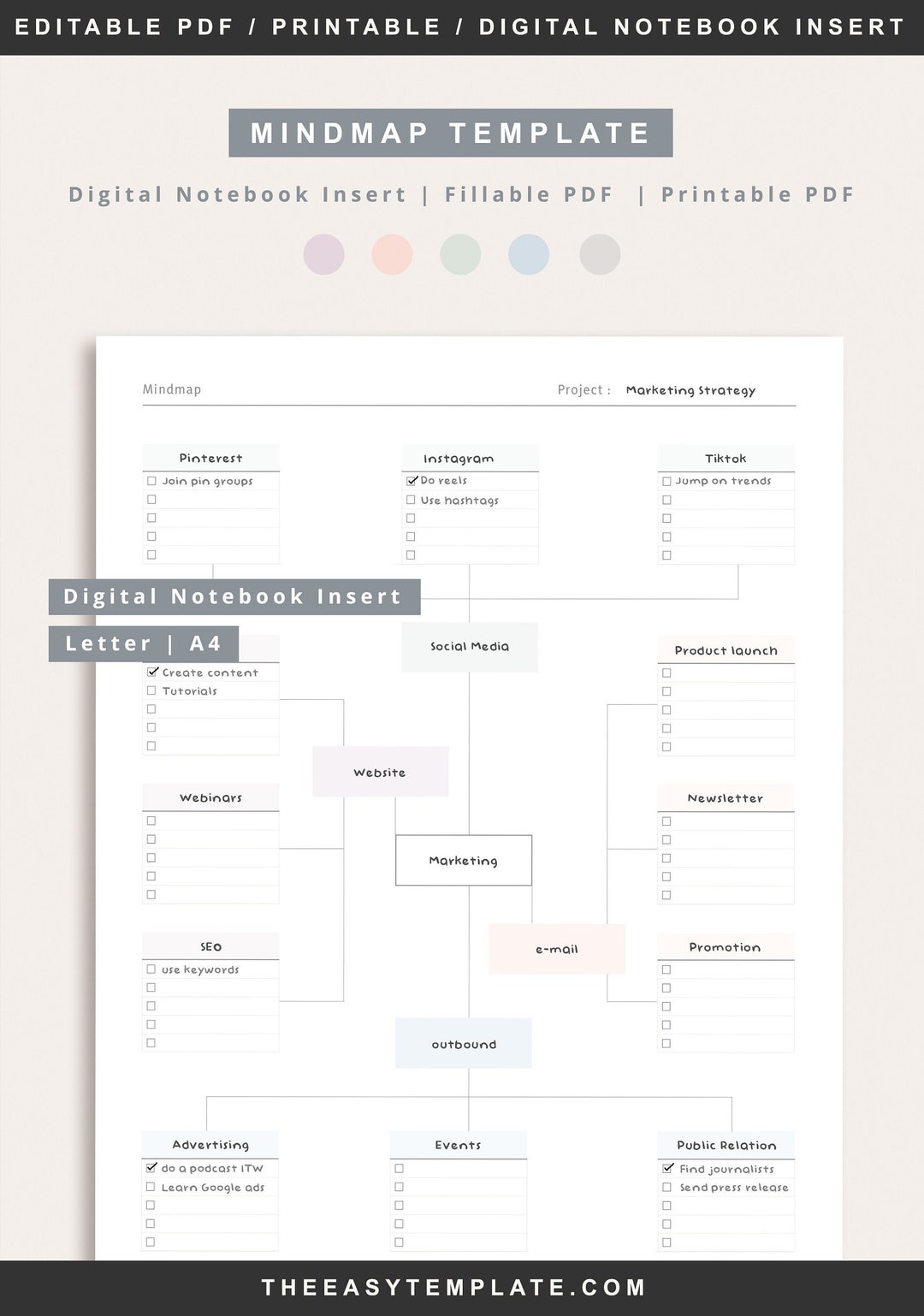 Vertical Mind Map, Fillable PDF Printable Mind Map Planner Idea Board ...