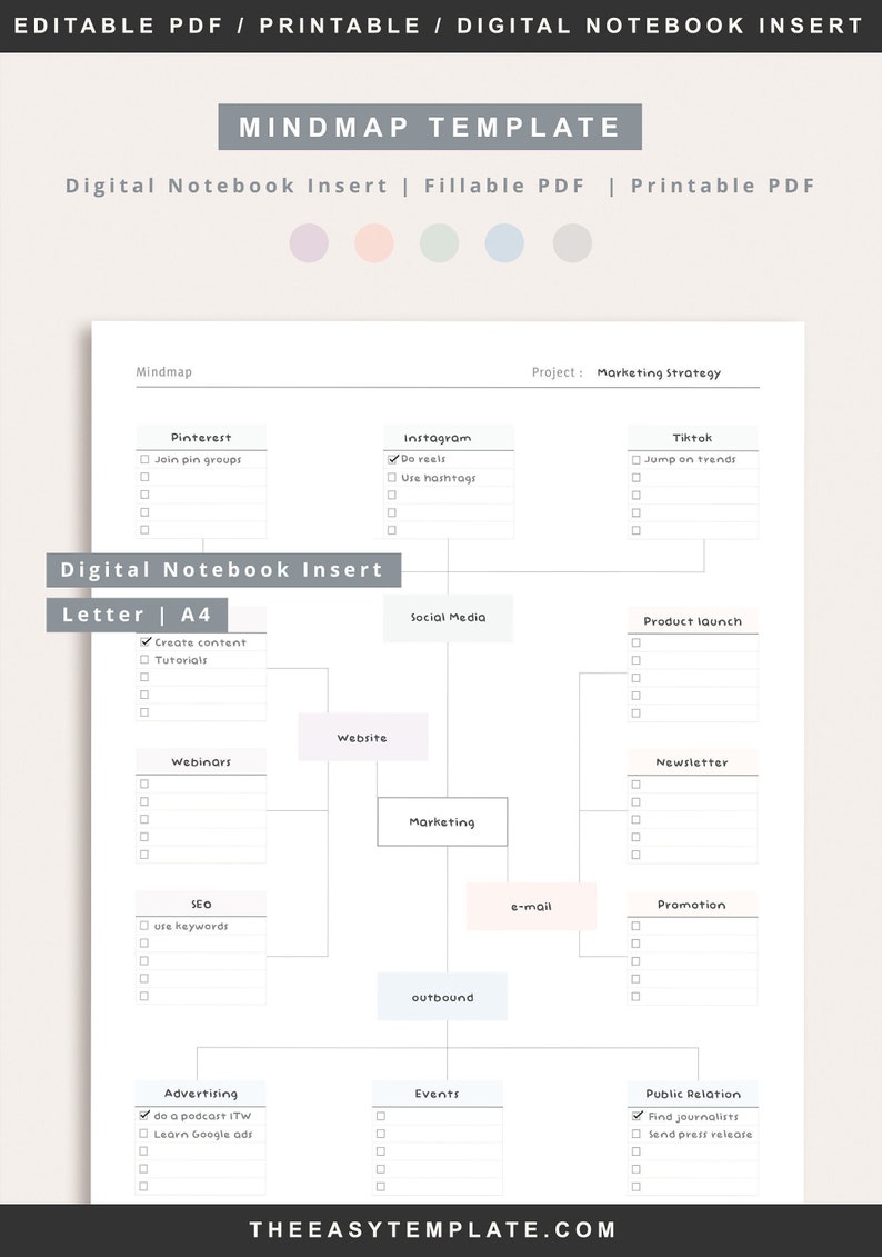 Vertical Mind Map, Fillable PDF Printable Mind Map Planner Idea Board ...