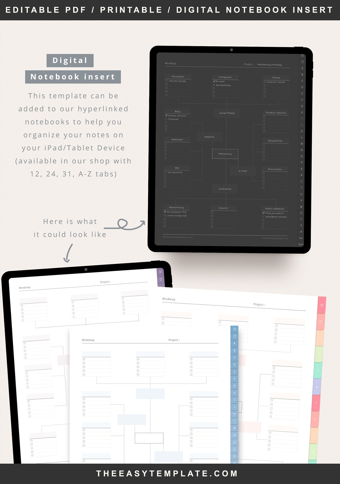 Vertical Mind Map, Fillable PDF Printable Mind Map Planner Idea Board ...