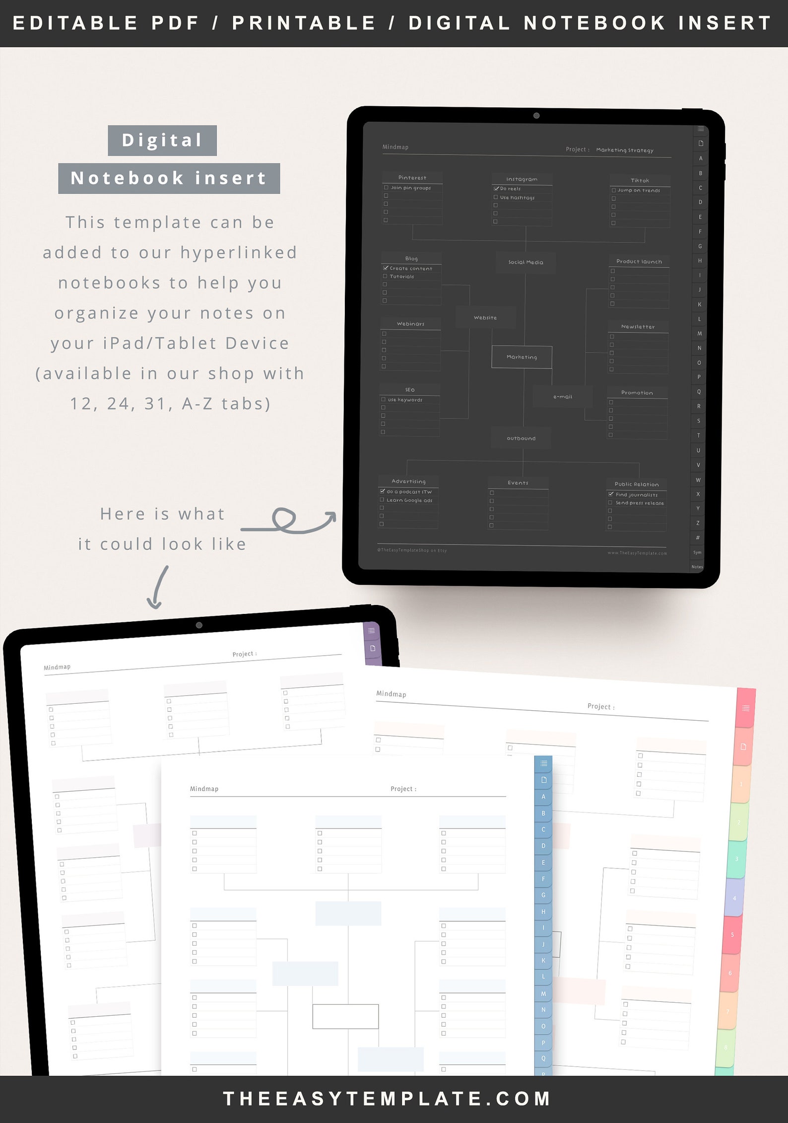 Vertical Mind Map, Fillable PDF Printable Mind Map Planner Idea Board ...