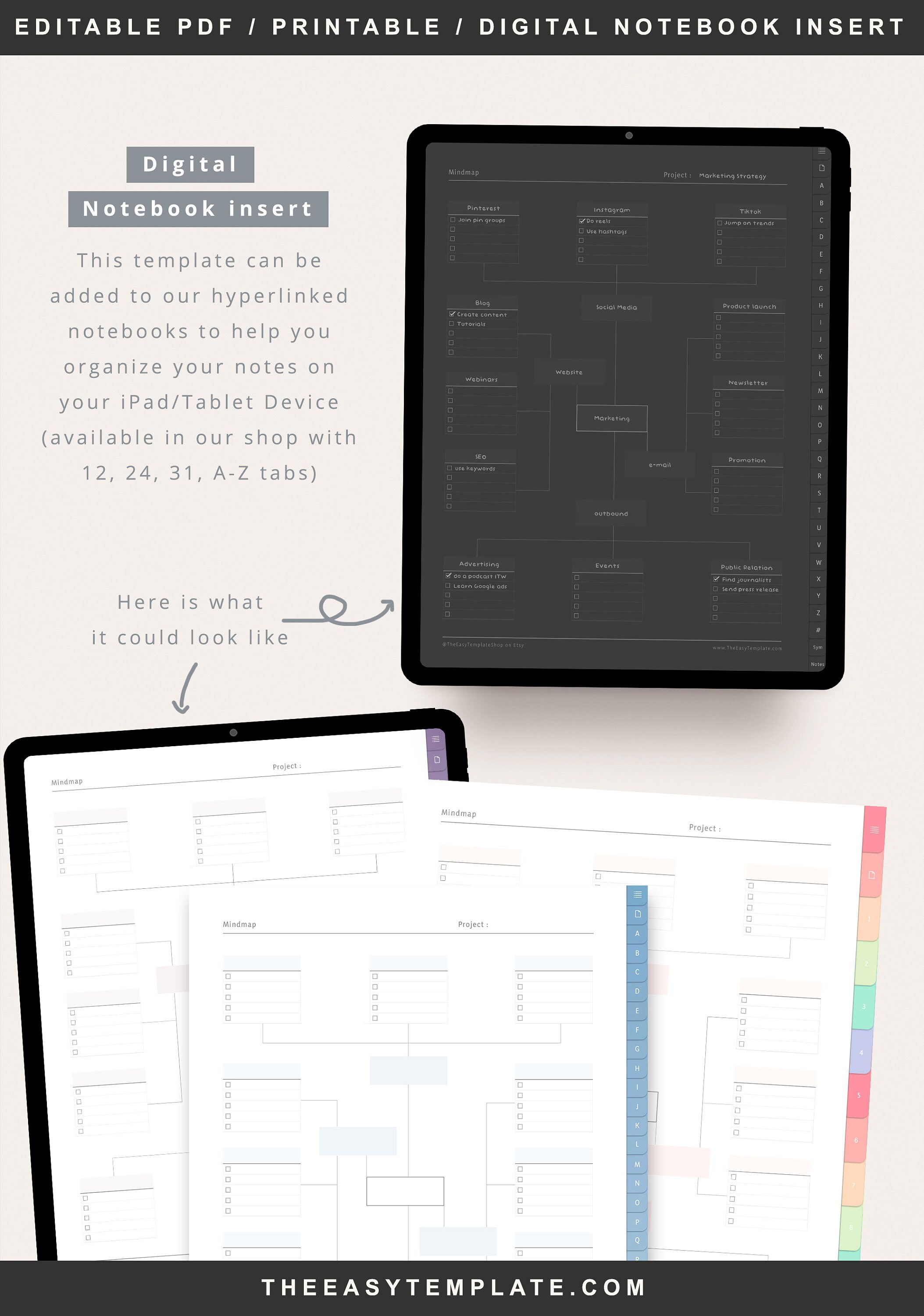 Vertical Mind Map, Fillable PDF Printable Mind Map Planner Idea Board ...