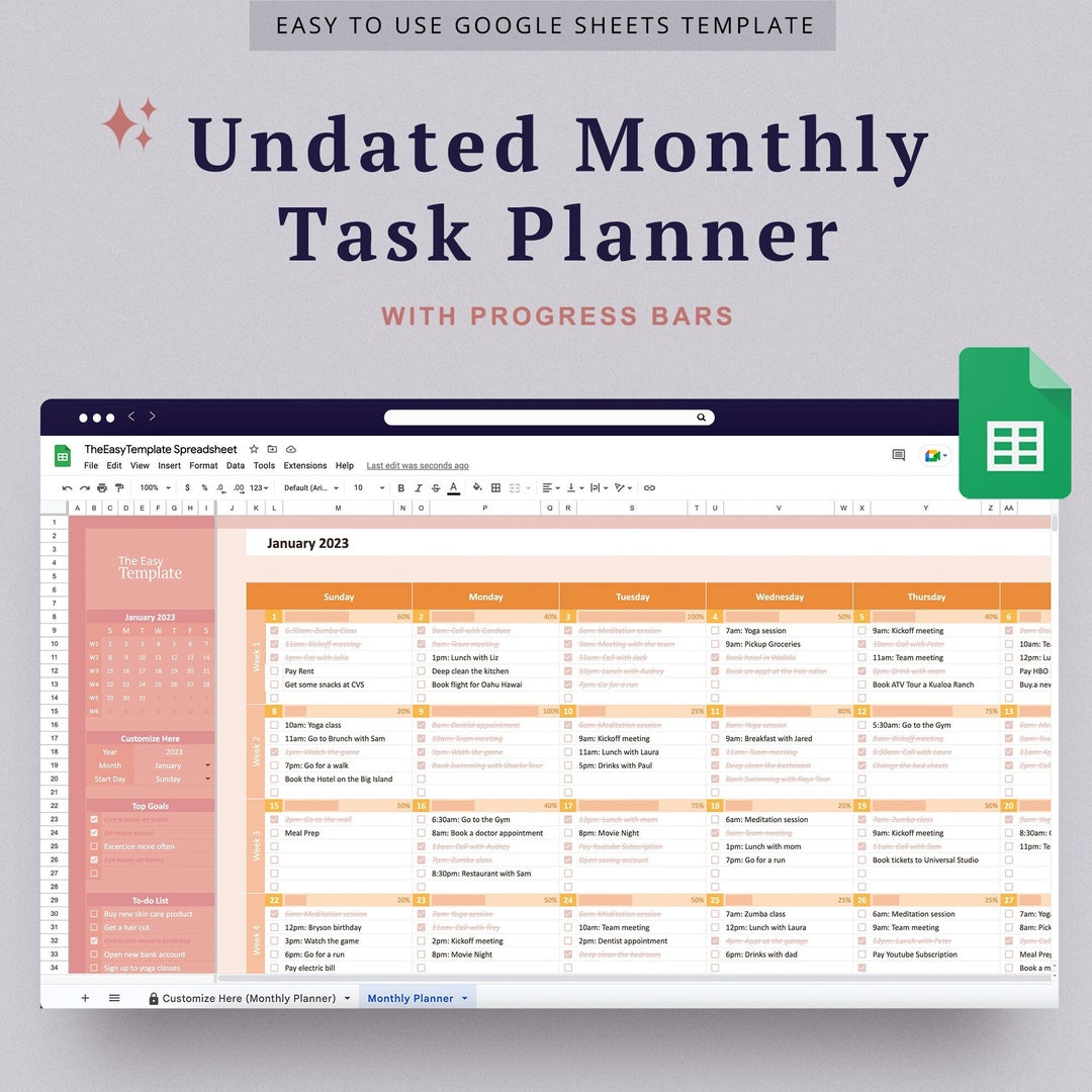 Monthly Planner Spreadsheet Template Google Sheets Work Schedule Goal ...