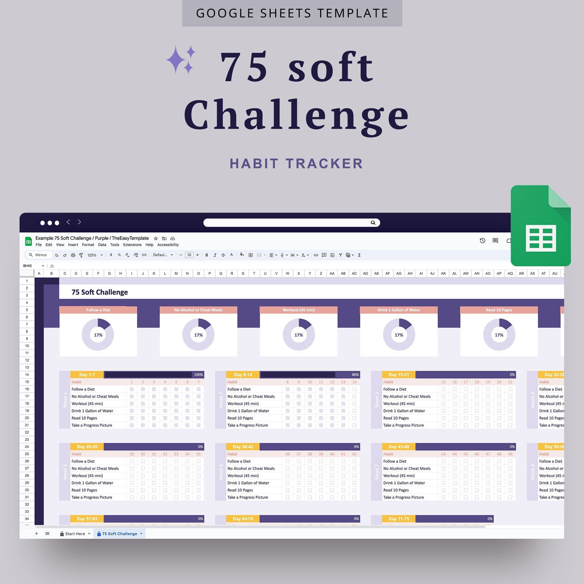 75 Soft Tracker Wellness Challenge Spreadsheet Daily Habit Checklist ...