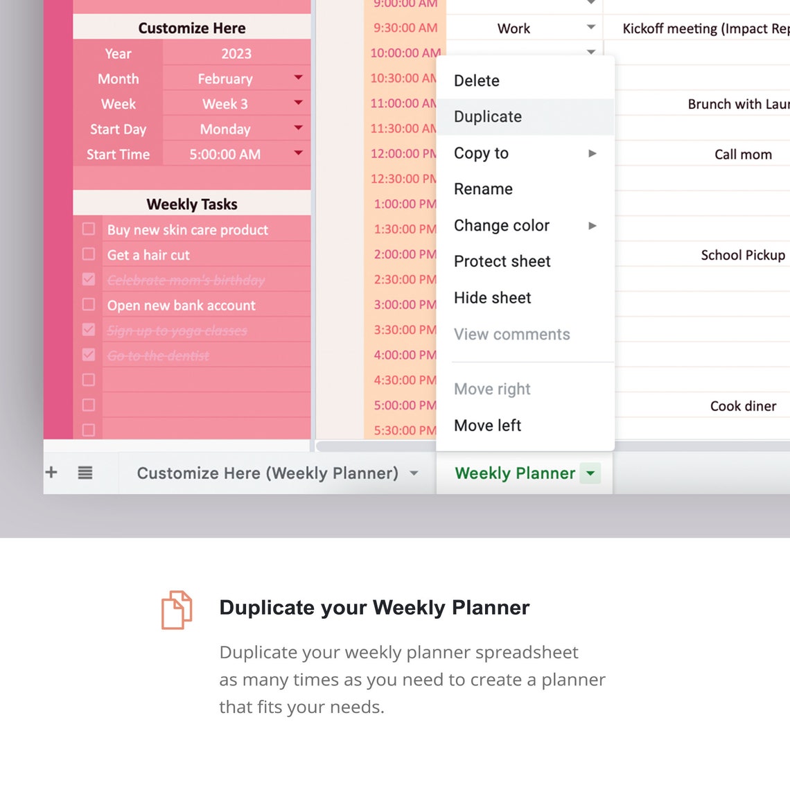 Hourly Calendar Google Sheets Week Planner Undated Weekly Schedule Week ...