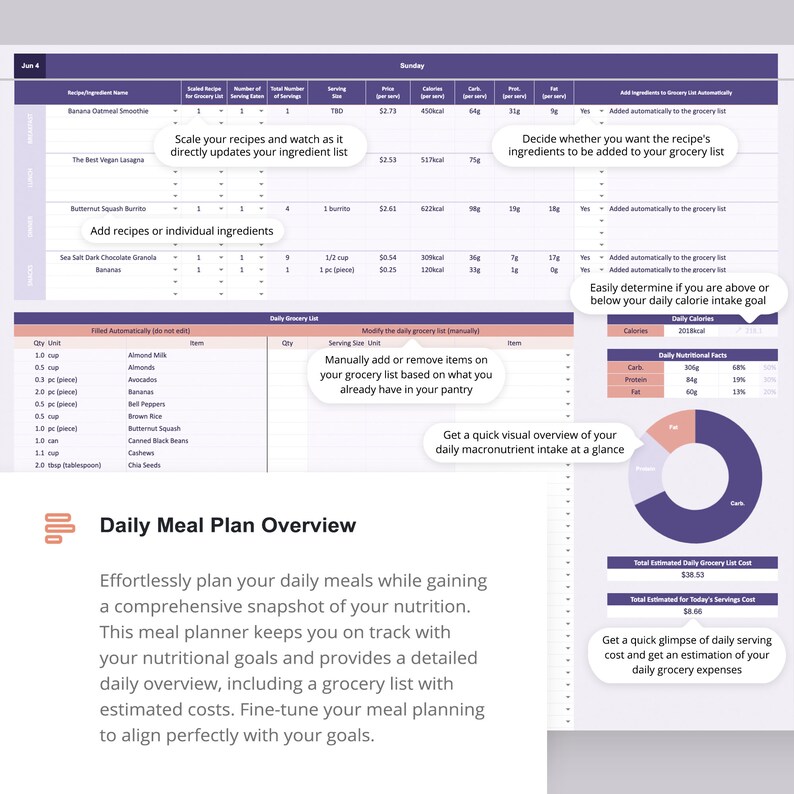 Meal Planner Spreadsheet Meal Planning Automated Grocery List ...
