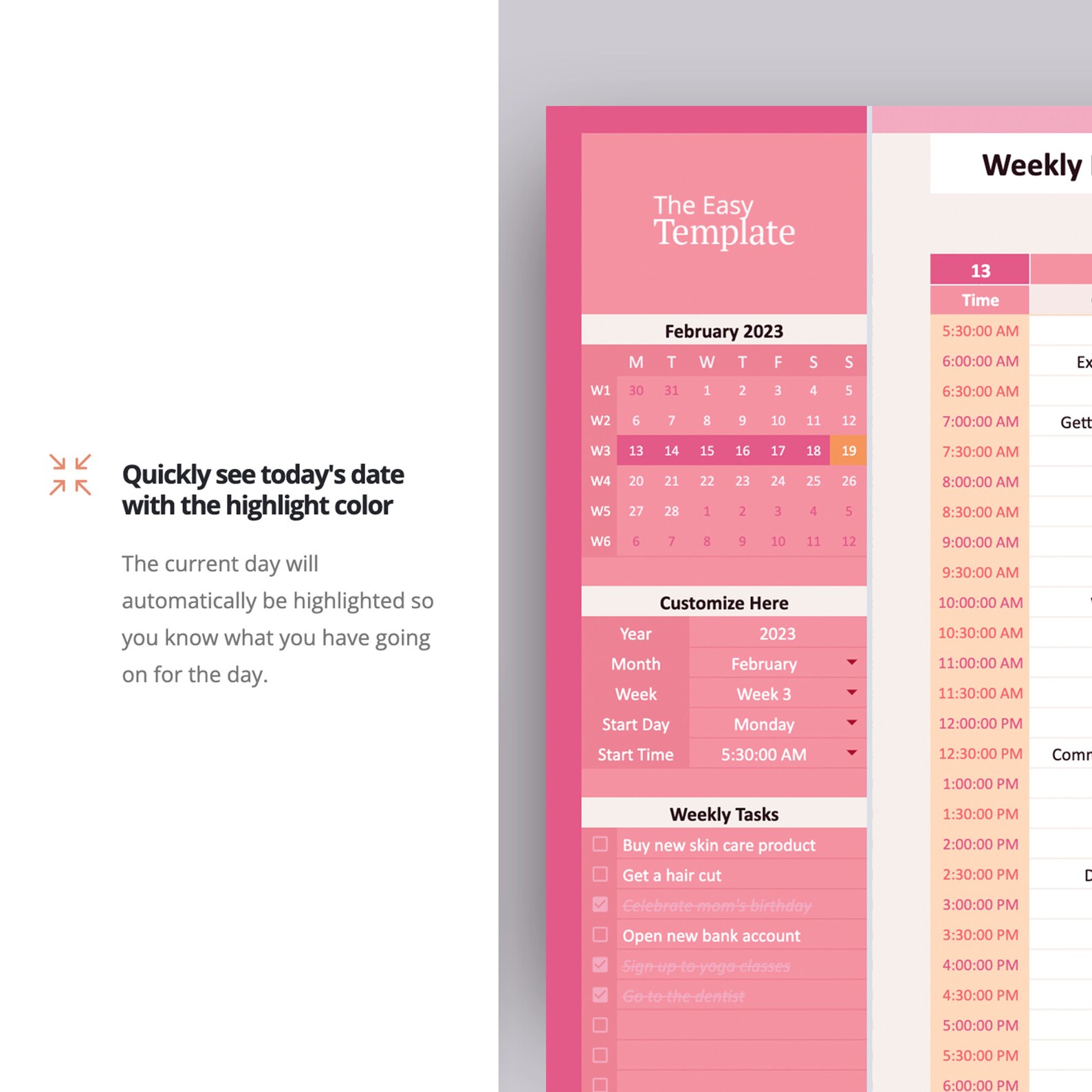 Hourly Calendar Google Sheets Week Planner Undated Weekly Schedule Week ...