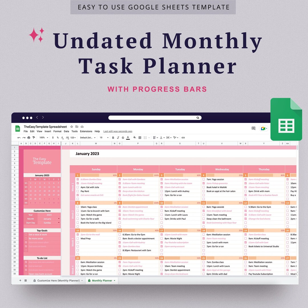 Girly Planner Google Sheet Planner Spreadsheet Undated Planner ...
