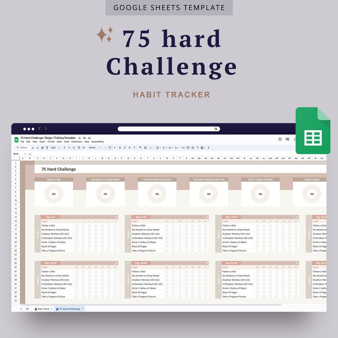 Google Sheets 75 Day Hard Spreadsheet Weight Loss Challenge Tracker ...