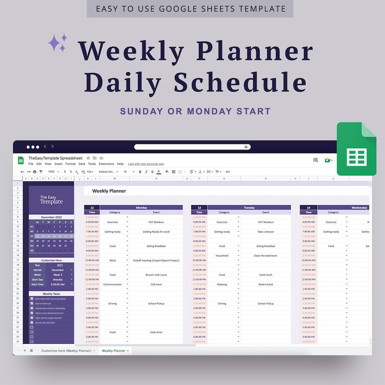 Google Sheets Weekly Template Digital Schedule Daily Planner Sheets ...