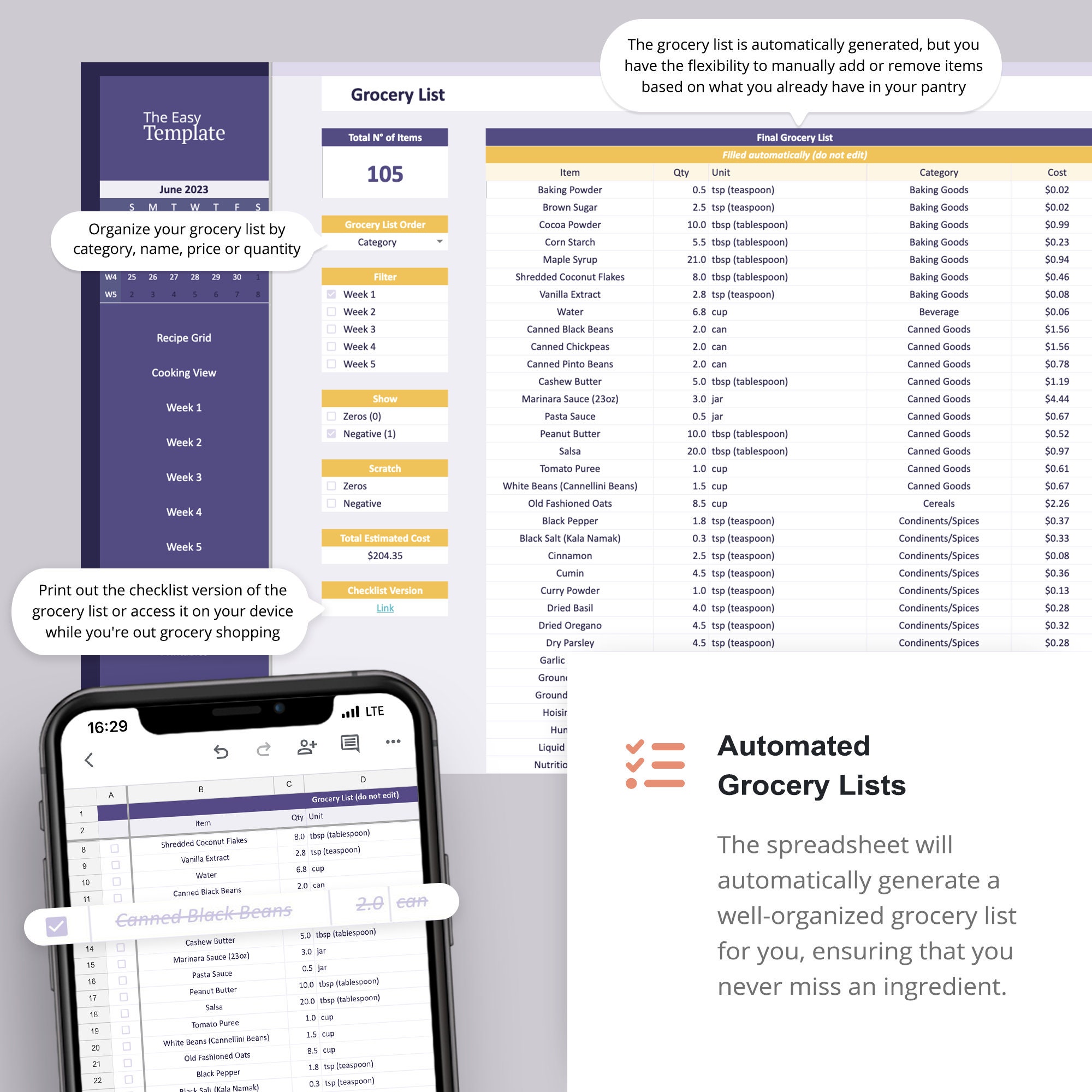 Meal Planner Spreadsheet Meal Planning Automated Grocery List Nutritional Tracker Macros Recipe ...