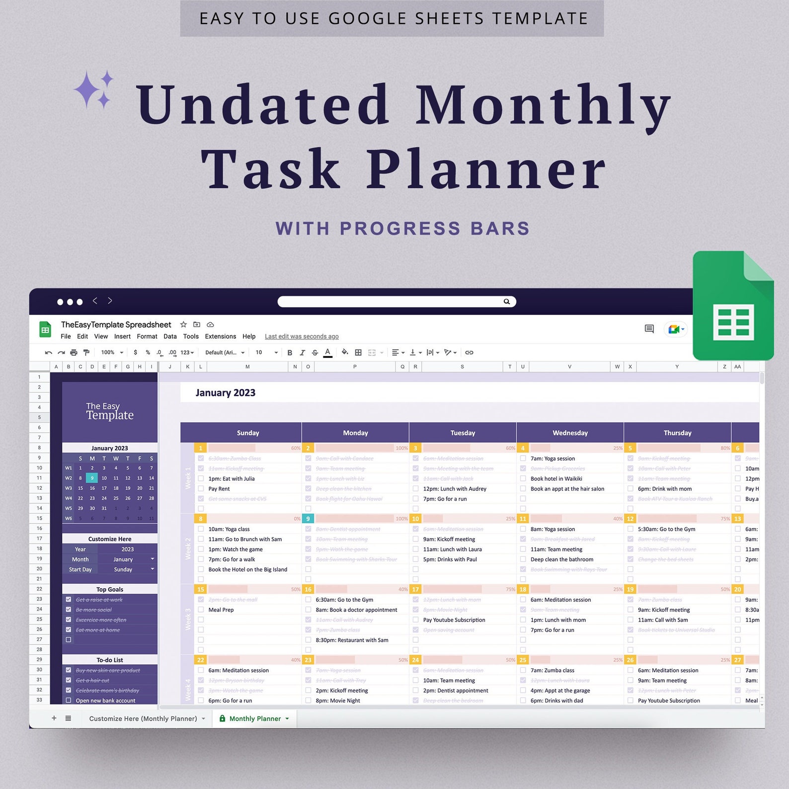 Monthly Calendar Google Sheet to Do List Template Digital Planner ...