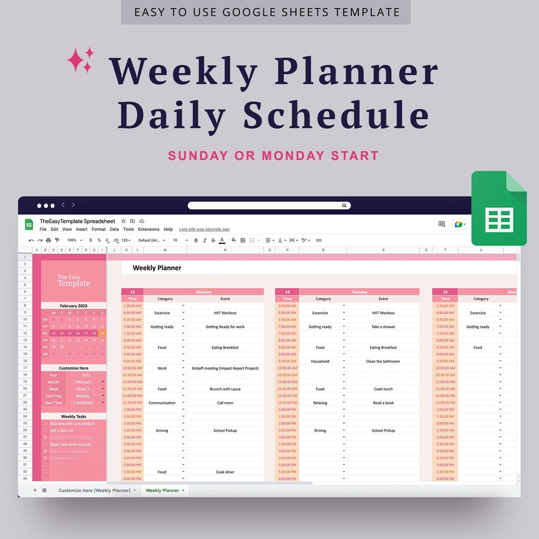 Weekly Schedule, Time Blocking Digital Planner, Week at a Glance, Time ...