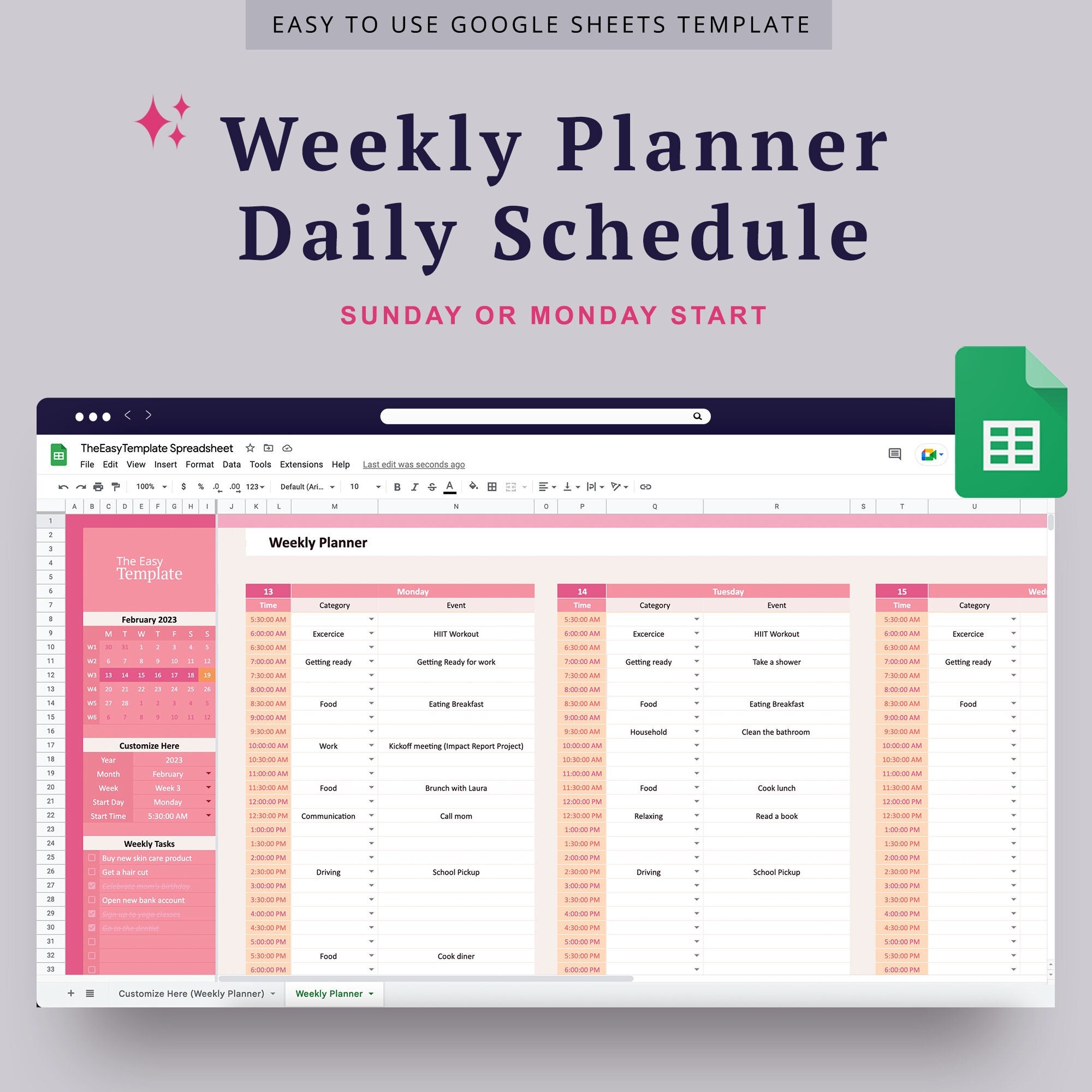 Hourly Calendar Google Sheets Week Planner Undated Weekly Schedule Week ...