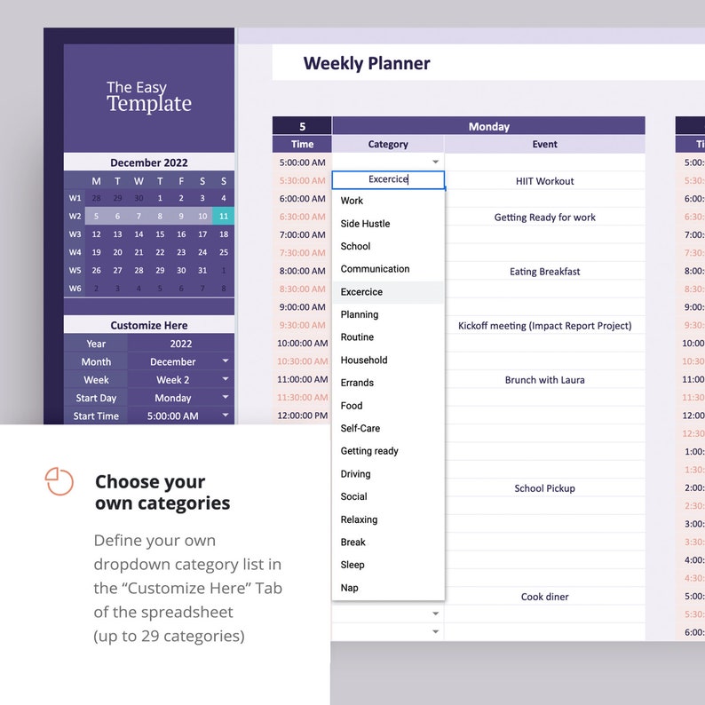 Google Sheets Weekly Template Digital Schedule Daily Planner Sheets ...