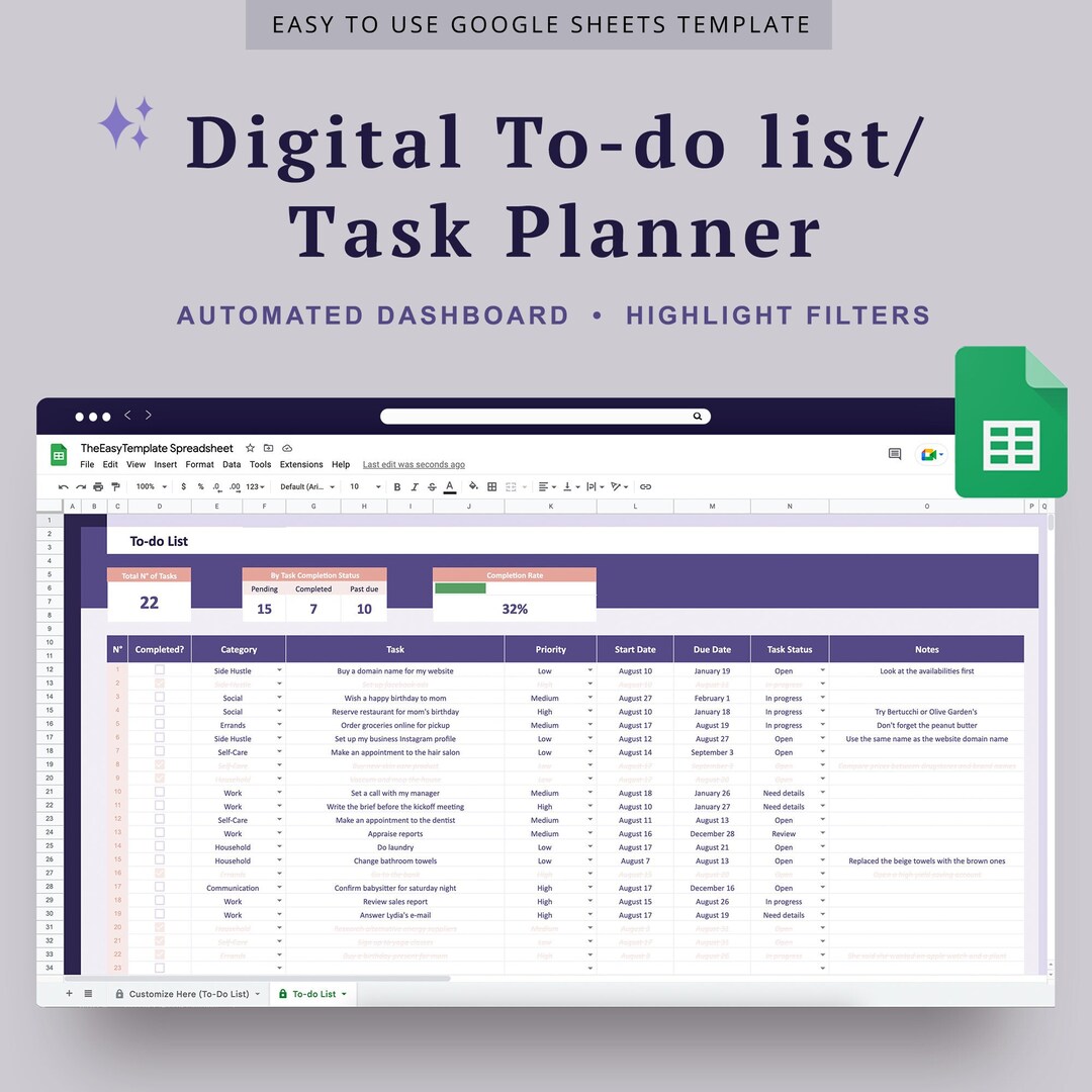Digital to Do List Google Sheets Template Student Planner Productivity ...
