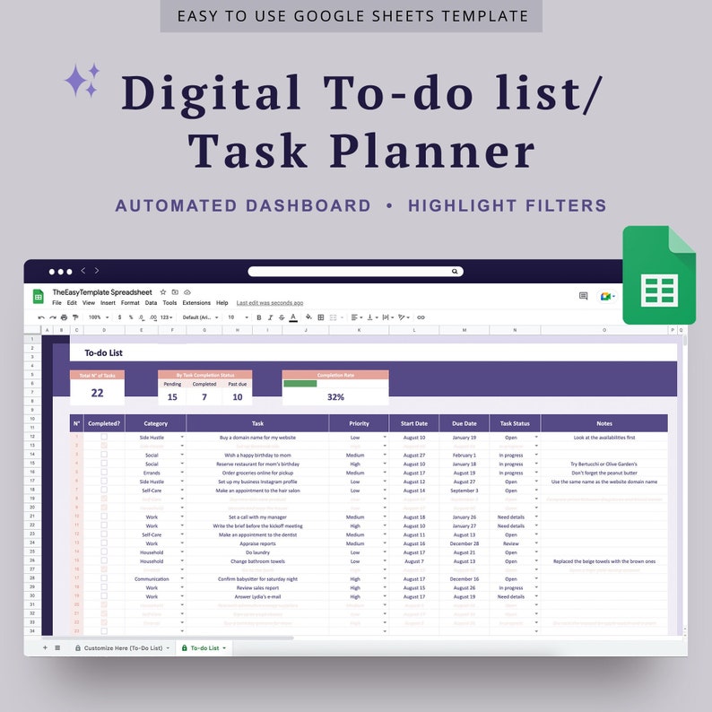 Digital to Do List Google Sheets Template Student Planner Productivity ...