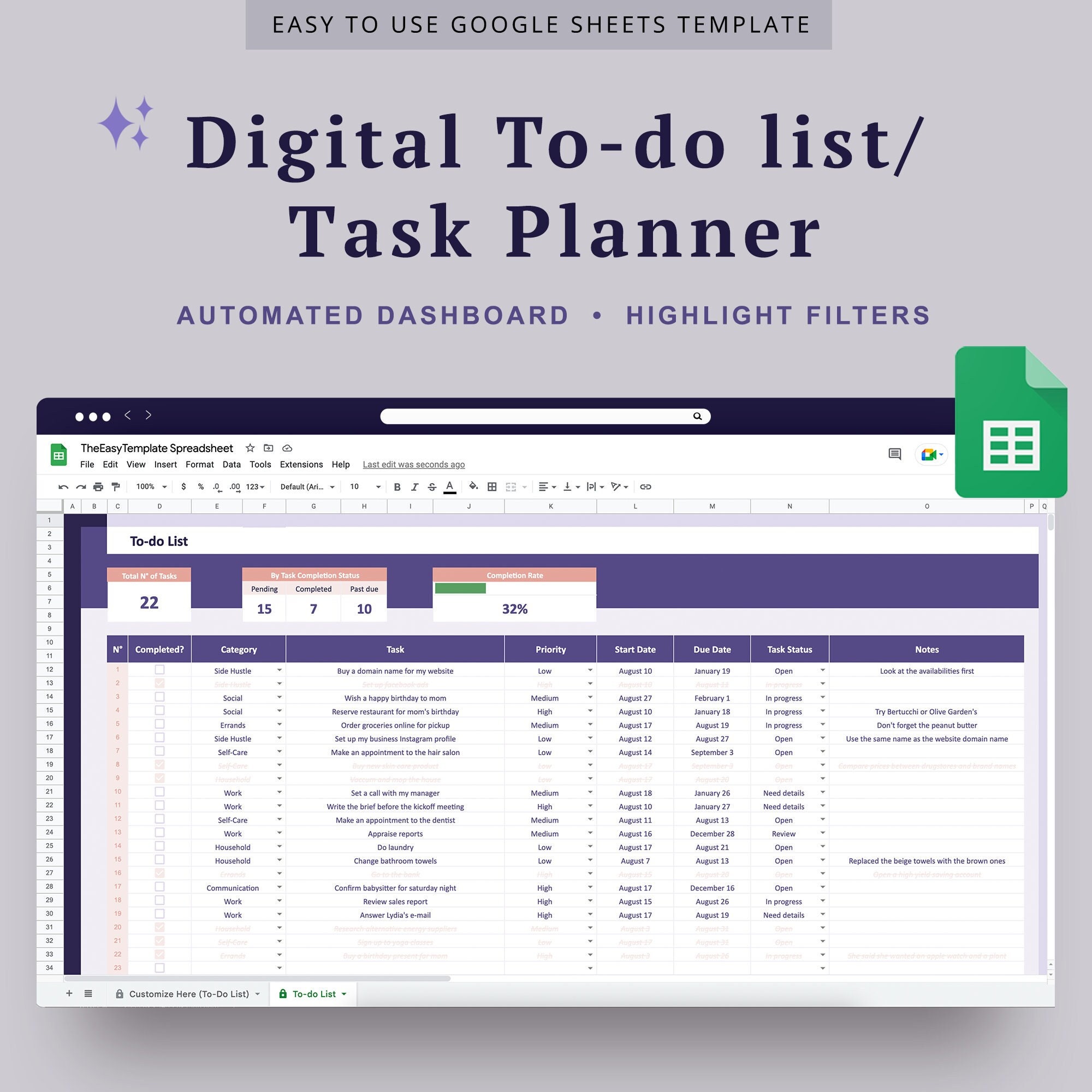 Digital to Do List Google Sheets Template Student Planner Productivity ...
