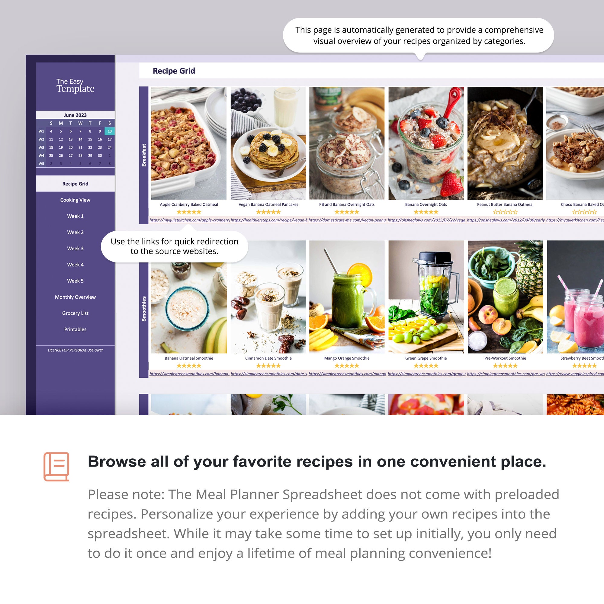 Meal Planner Spreadsheet Meal Planning Automated Grocery List ...