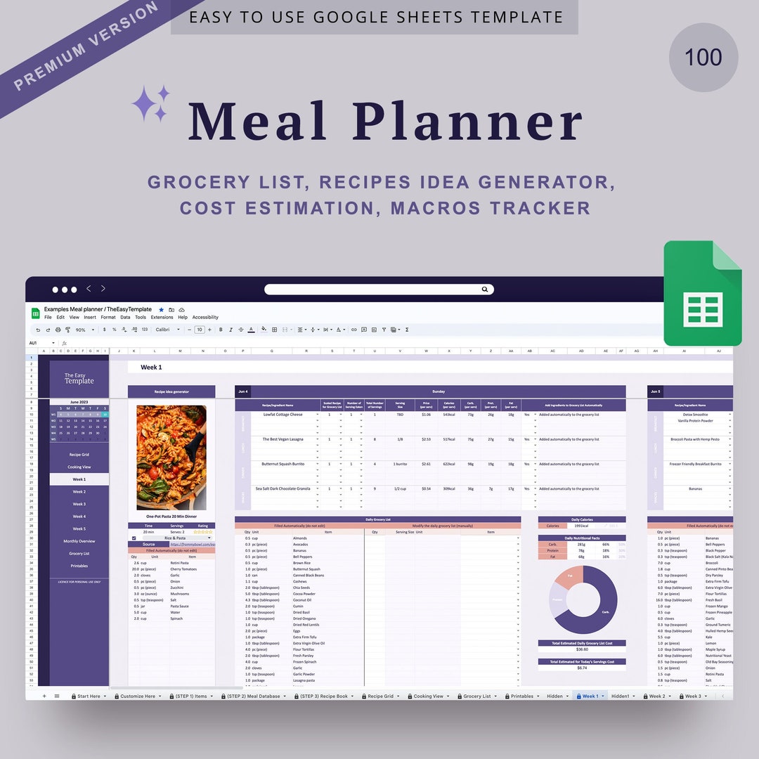Meal Planner Spreadsheet Meal Planning Automated Grocery List ...
