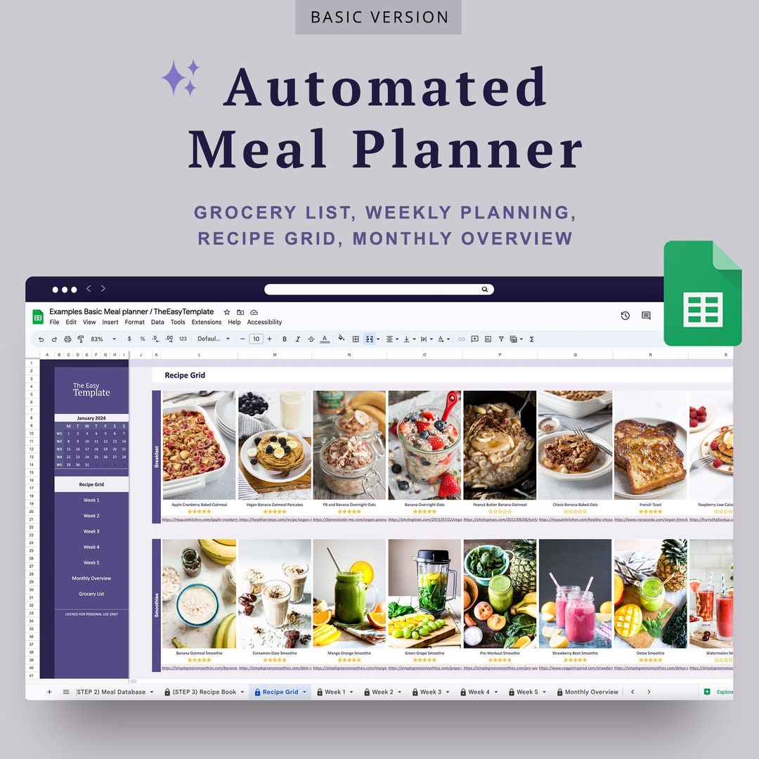 Monthly Meal Planner Spreadsheet Food Prep Log Google Sheets Weekly ...