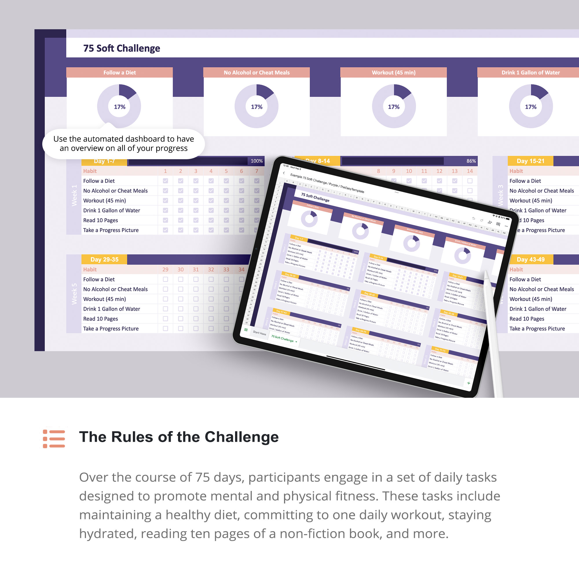 75 Soft Tracker Wellness Challenge Spreadsheet Daily Habit Checklist ...