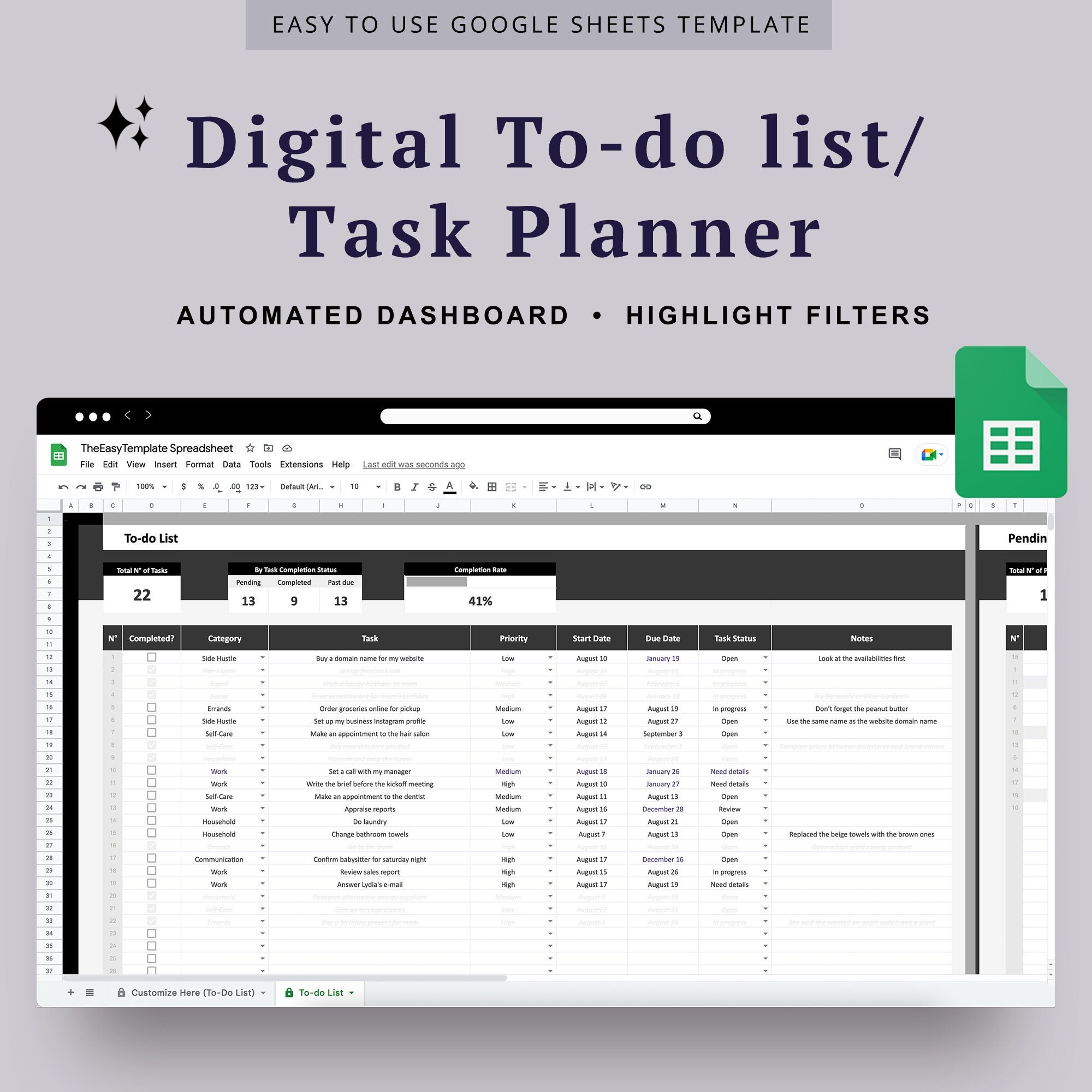 To Do List Tracker Digital Task Planner Spreadsheet Productivity Organisation Planner iPad ...