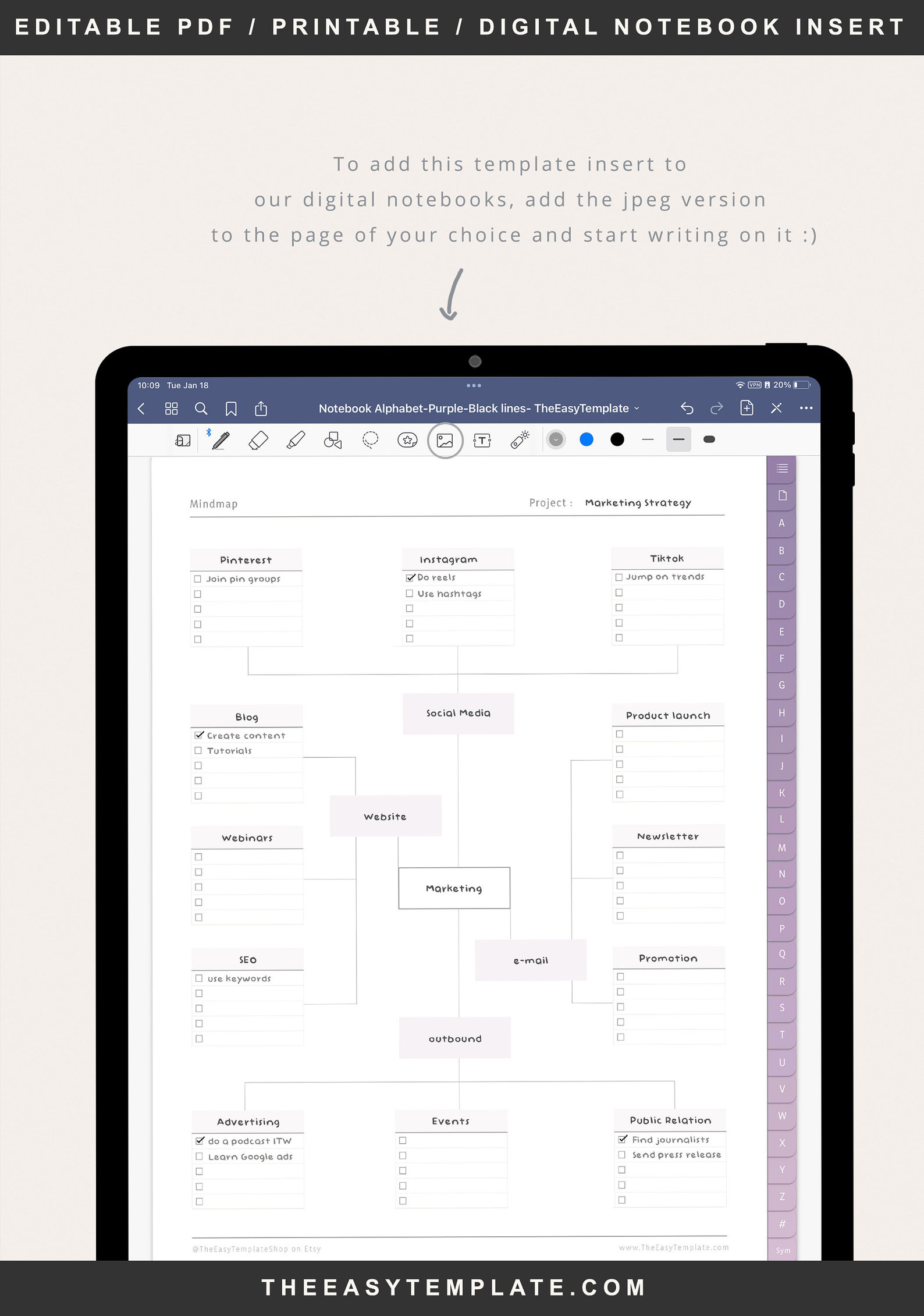 Vertical Mind Map, Fillable PDF Printable Mind Map Planner Idea Board ...
