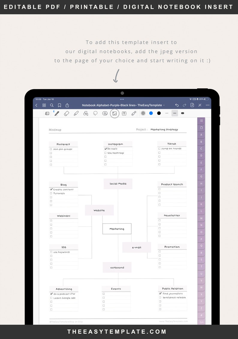 Vertical Mind Map, Fillable PDF Printable Mind Map Planner Idea Board ...