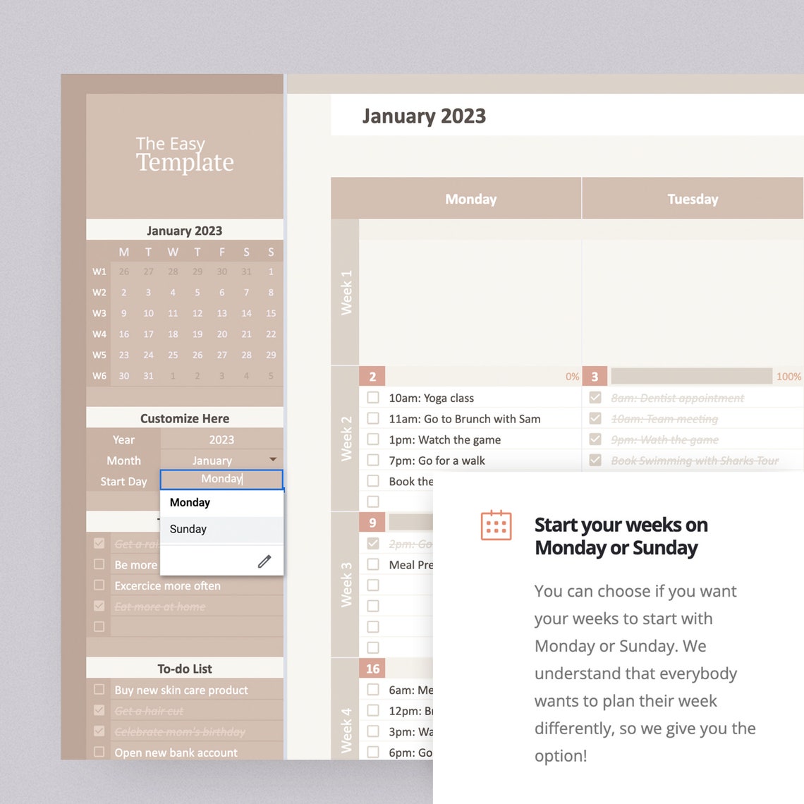 Undated Monthly Calendar Google Sheets, Daily Task Planner Spreadsheet ...