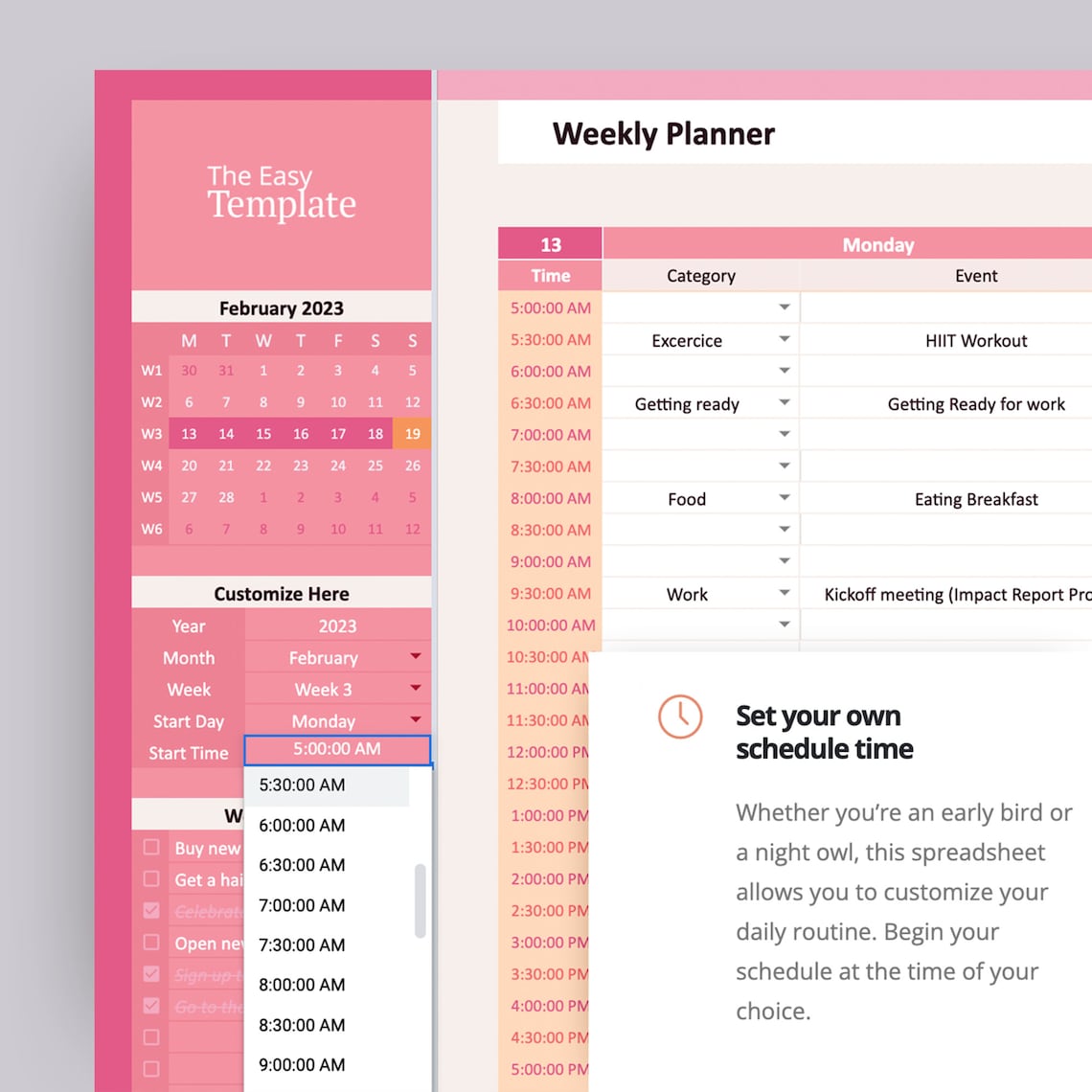 Hourly Calendar Google Sheets Week Planner Undated Weekly Schedule Week ...