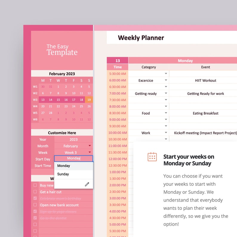 Hourly Calendar Google Sheets Week Planner Undated Weekly Schedule Week ...