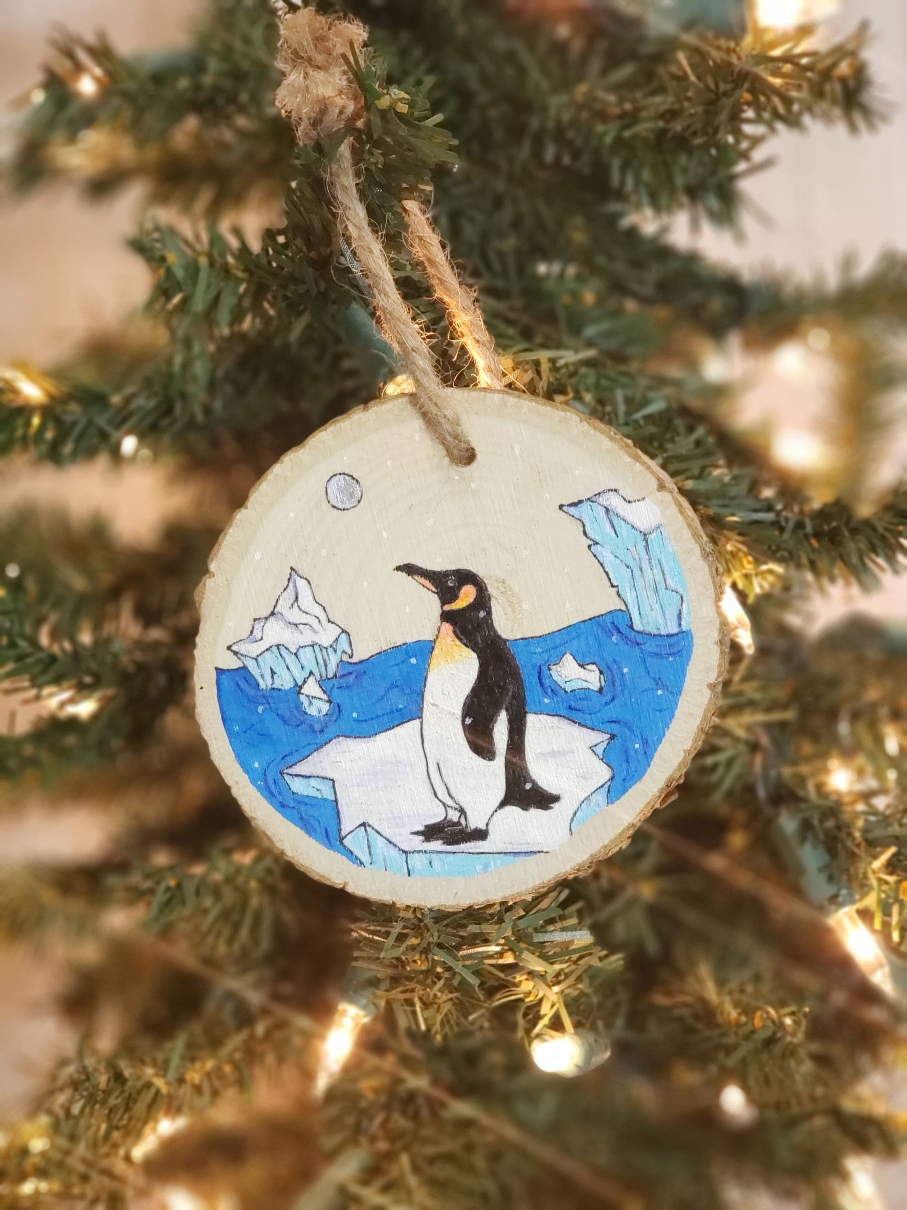 Penguin, Handmade, Wood Slice Ornament, Acrylic Painted Disc by Timber ...