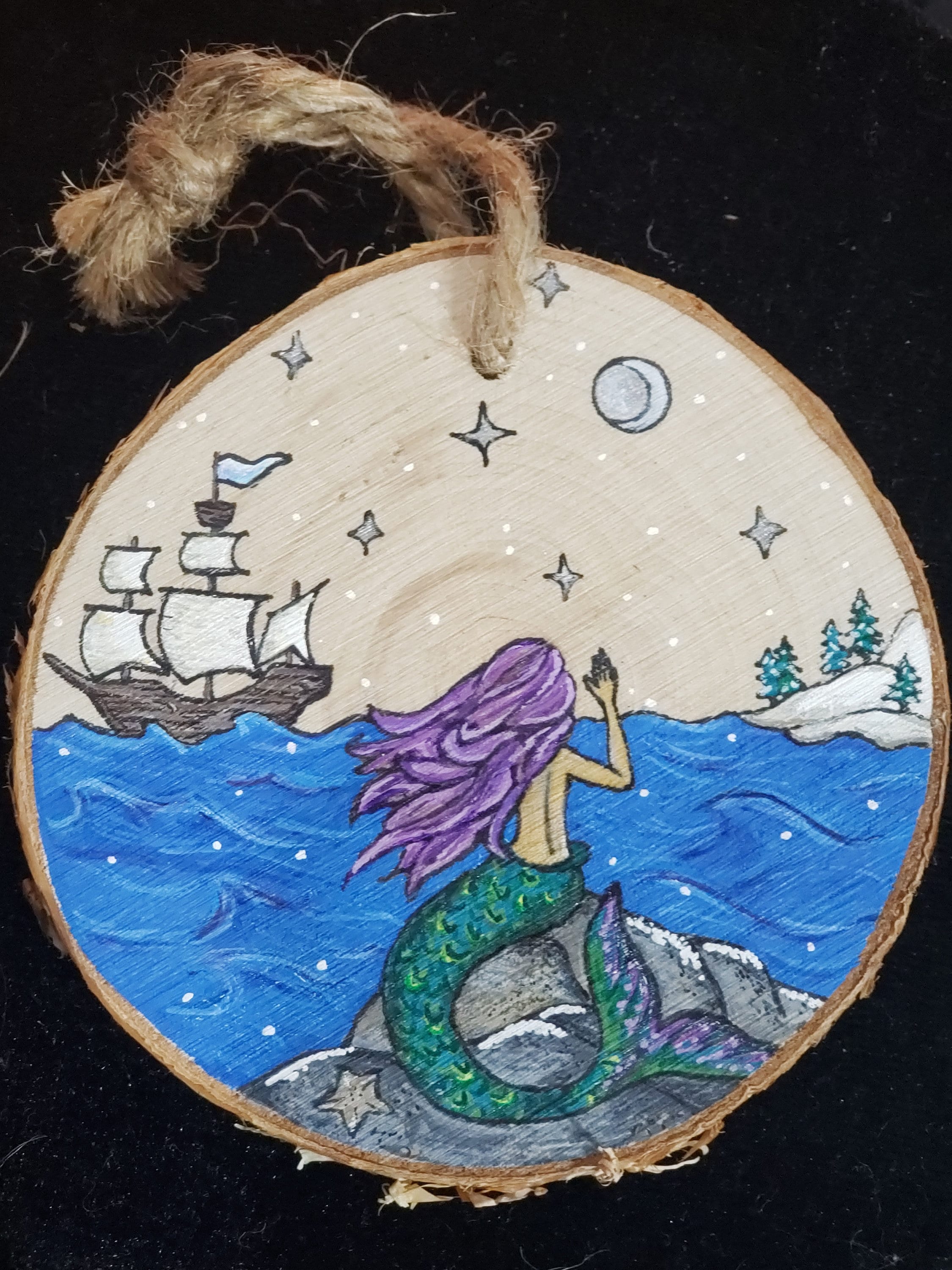 Mermaid, Handmade, Cryptid Wood Slice Ornament, Acrylic Painted Disc by ...