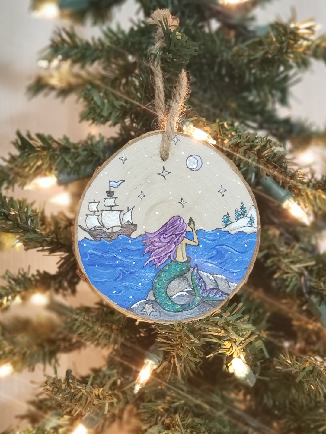 Mermaid, Handmade, Cryptid Wood Slice Ornament, Acrylic Painted Disc by ...