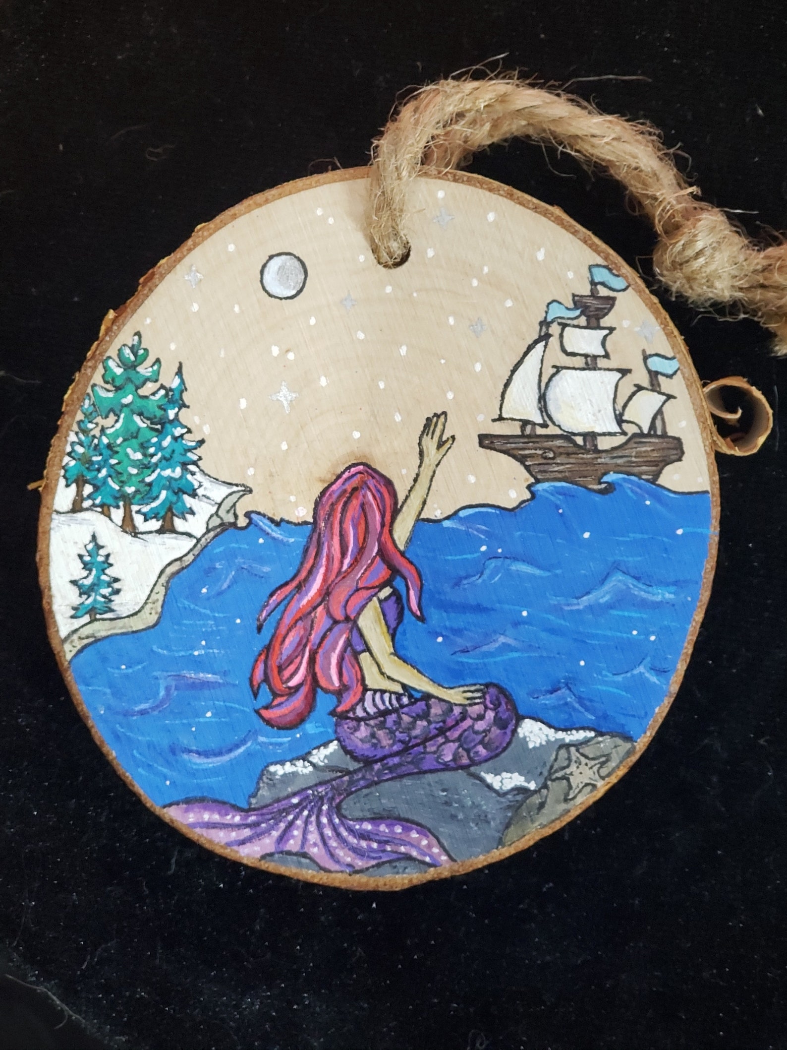 Mermaid, Handmade, Cryptid Wood Slice Ornament, Acrylic Painted Disc by ...
