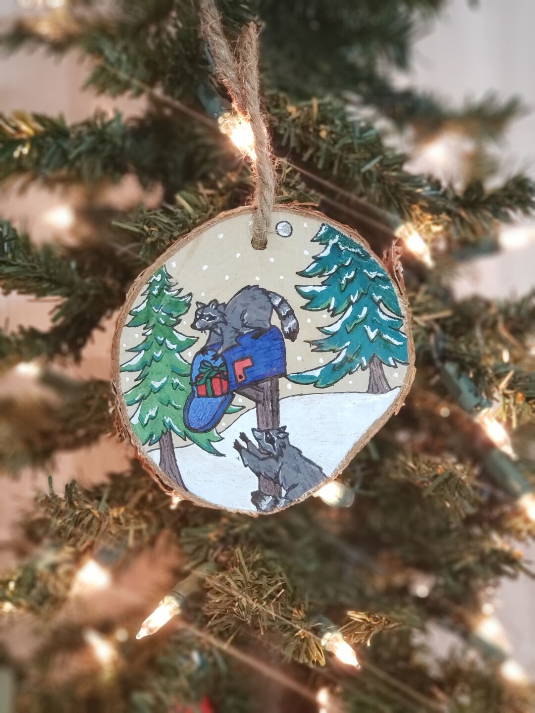 Raccoons, Handmade, Wood Slice Ornaments, Acrylic Hand Painted Disc by ...