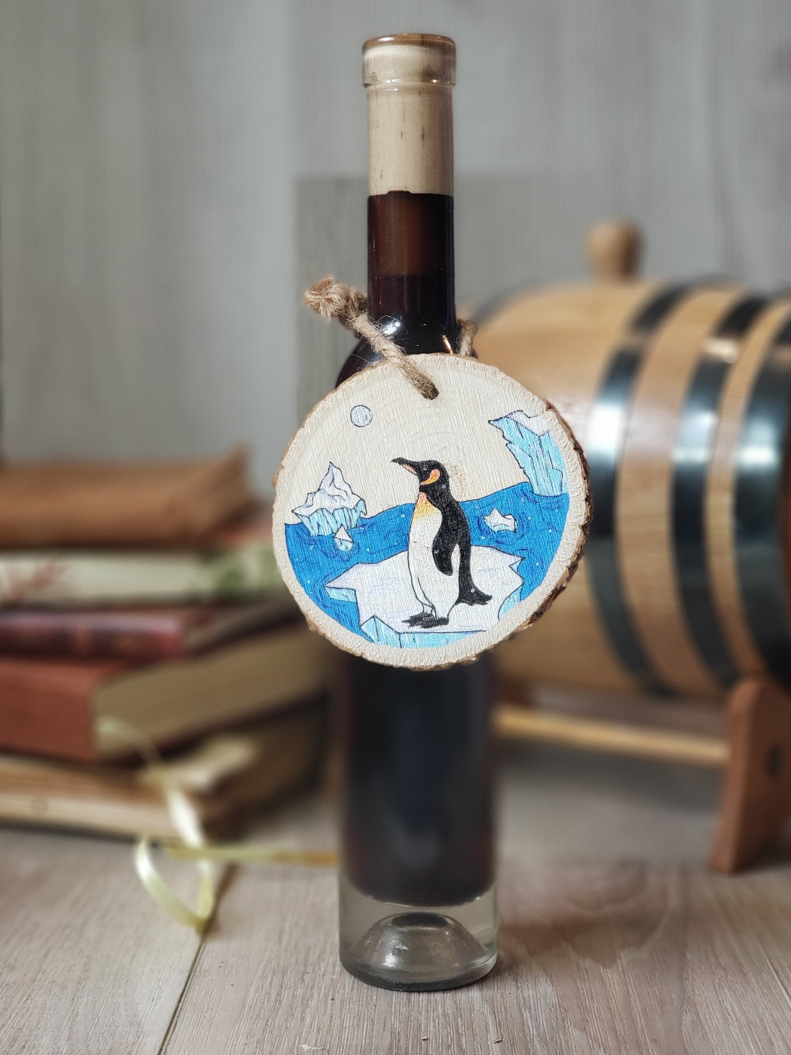 Penguin, Handmade, Wood Slice Ornament, Acrylic Painted Disc by Timber ...