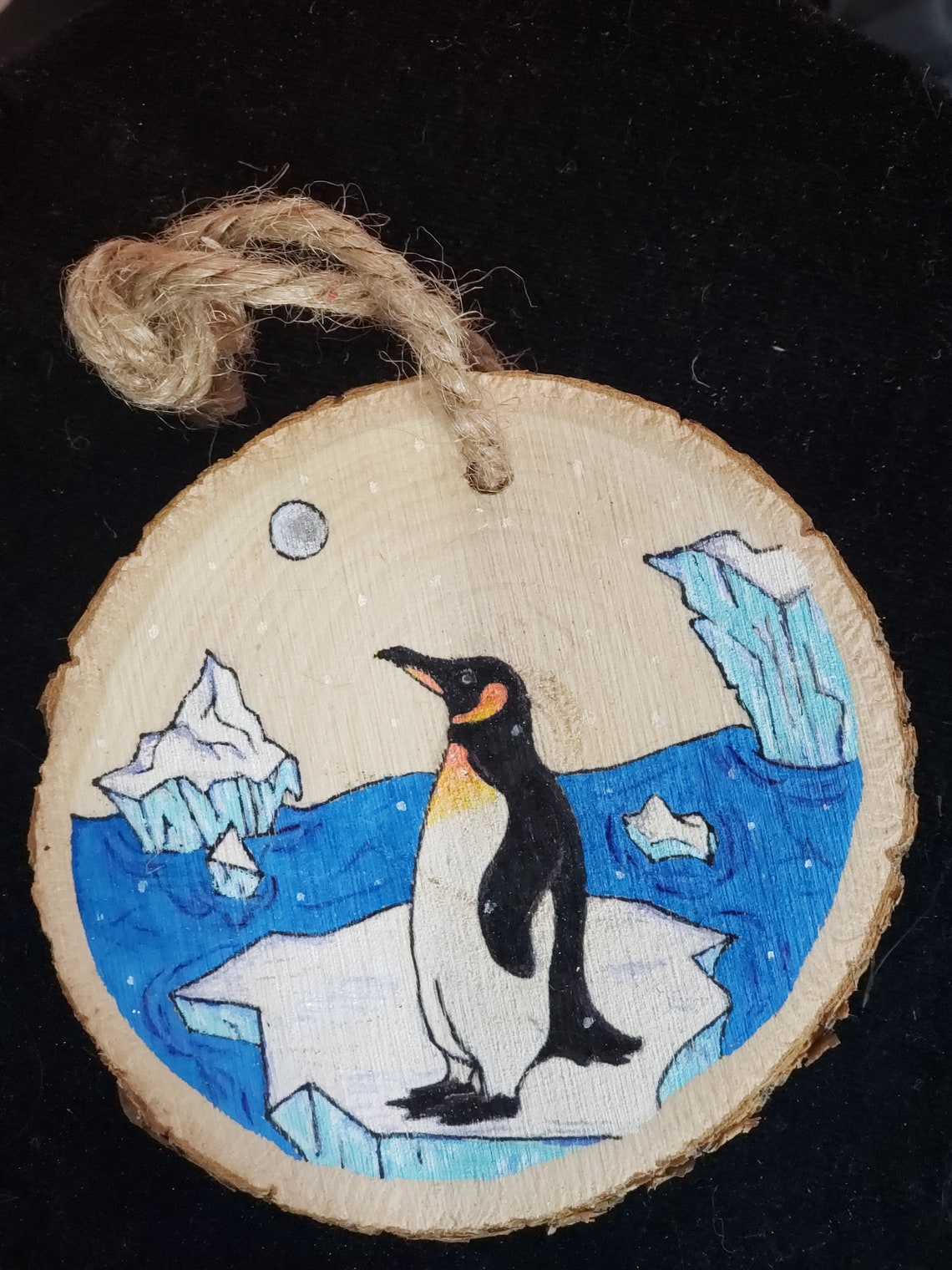 Penguin, Handmade, Wood Slice Ornament, Acrylic Painted Disc by Timber ...