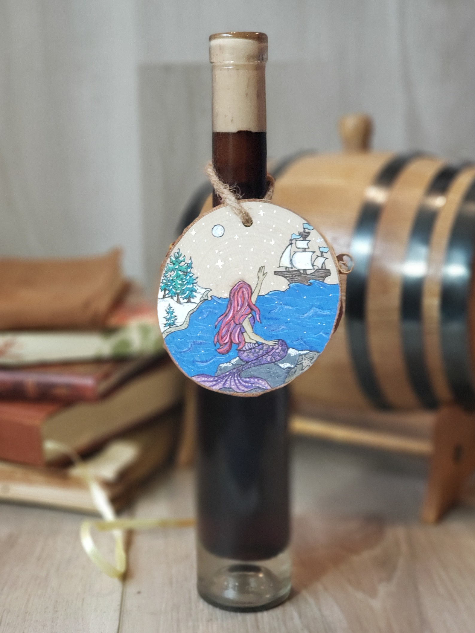 Mermaid, Handmade, Cryptid Wood Slice Ornament, Acrylic Painted Disc by ...
